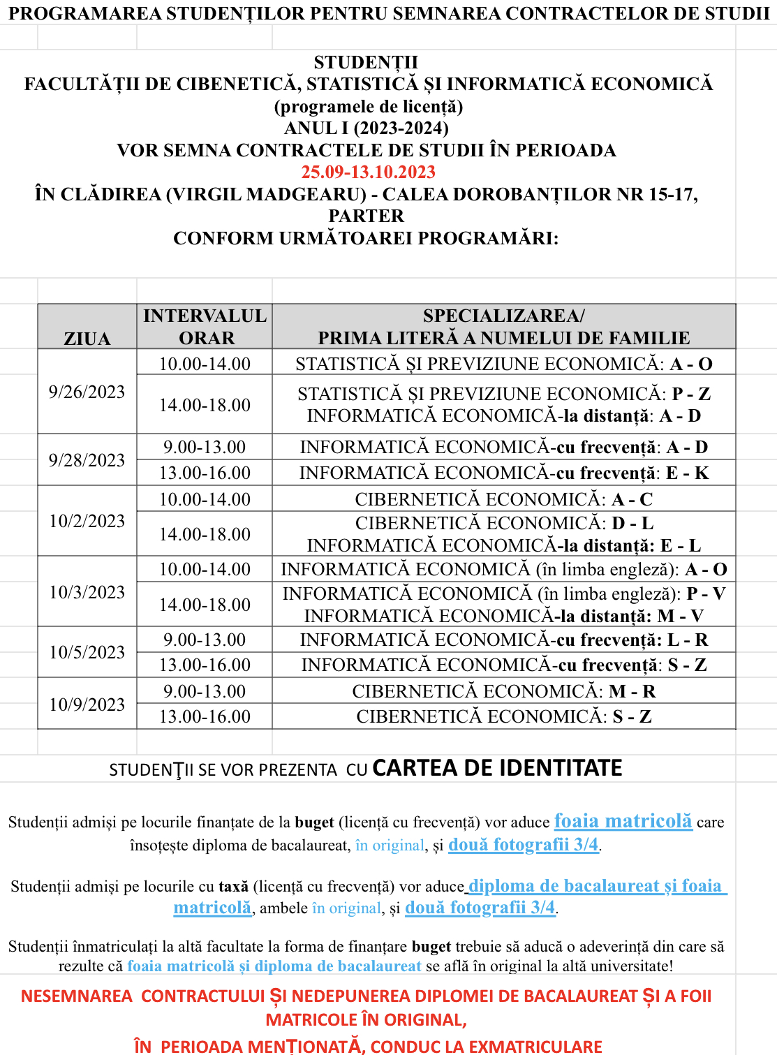 PROGRAMAREA STUDENȚILOR PENTRU SEMNAREA CONTRACTELOR DE STUDII ...